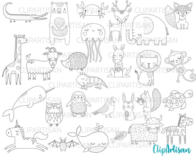 Woodland Animals Clipart Digital Stamps | Black and White Line Art ...