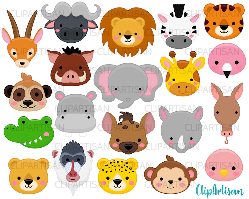 African Animal Faces Clipart Safari Baby Animals Jungle | Etsy