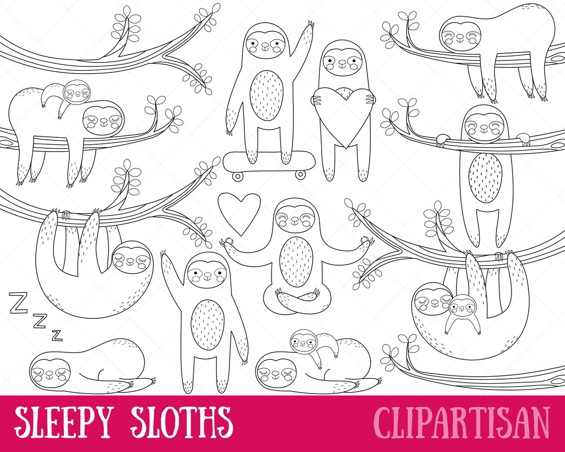 Sloth Clipart Cute Sloths Line Art Digital Stamps EPS | Etsy