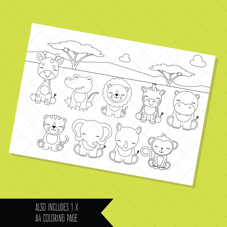 Safari Baby Animals Clipart / Digital Stamps / Coloring Page - Etsy UK