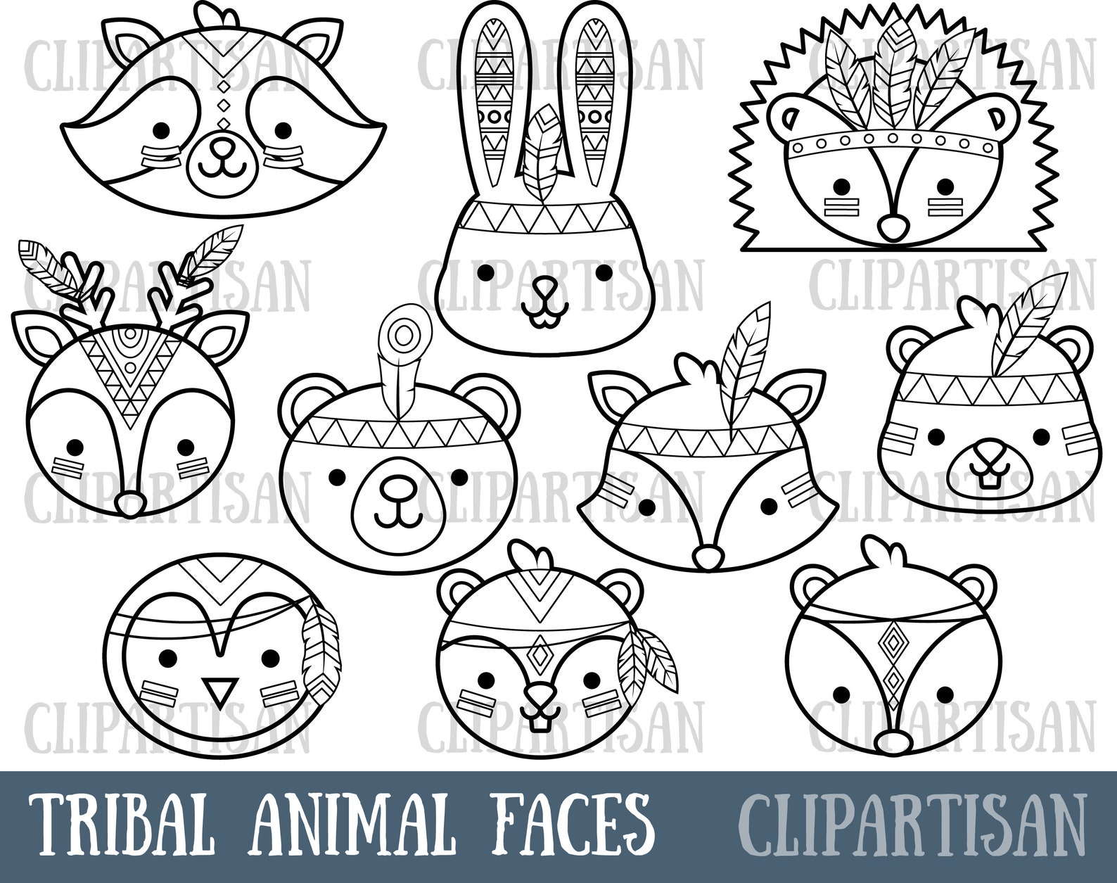 Tribal Animal Faces Digital Stamps Woodland Animal Faces | Etsy