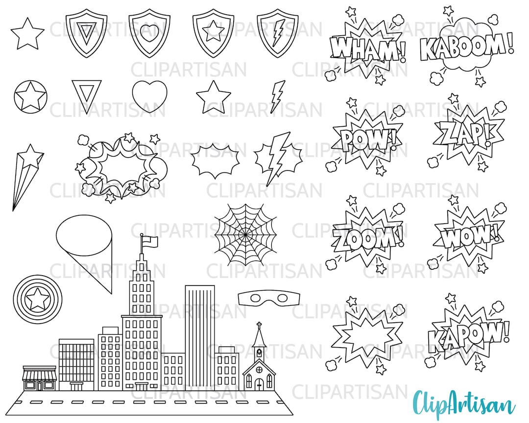 Superhero Comic Text Digital Stamp, Comic Book Elements, Superhero ...