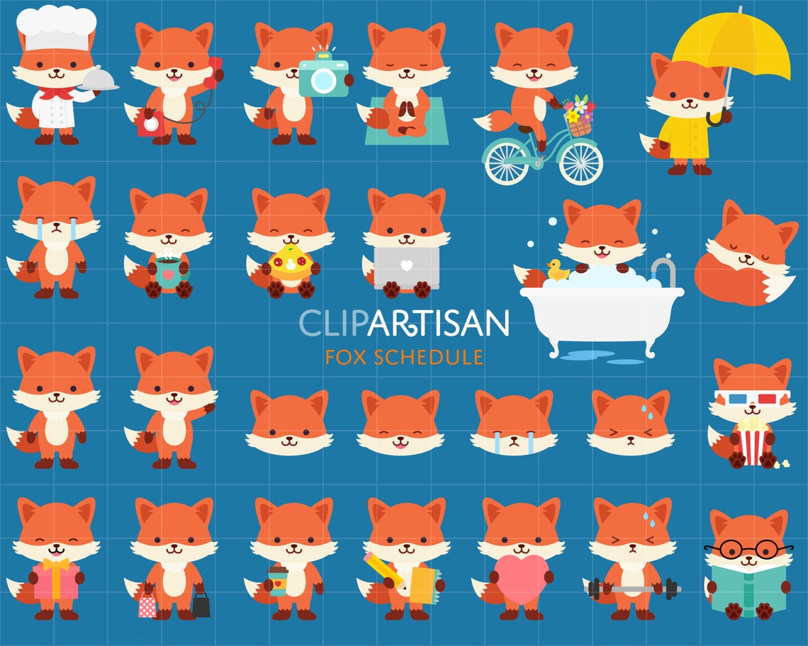 Kawaii Fox Clip Art, Cute Foxes Digital Stamps, Fall Fox, Yoga Fox ...
