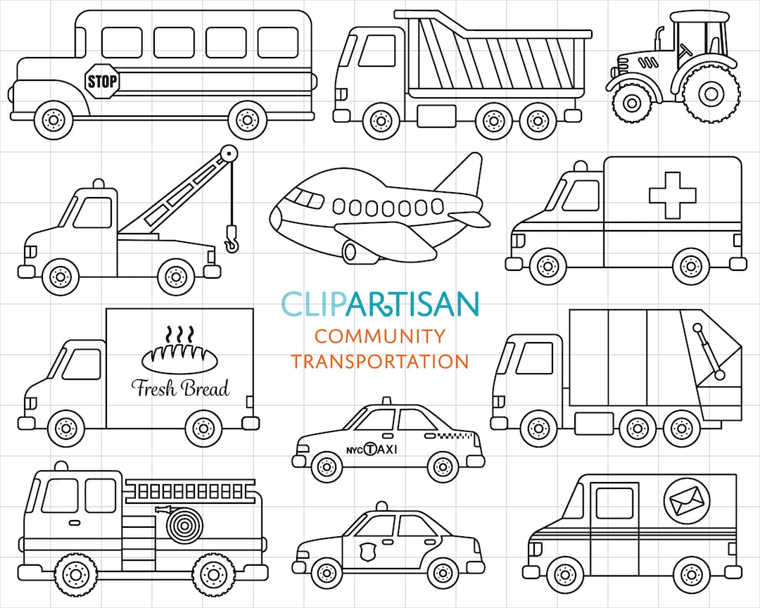 Community Transportation Digital Stamps, Vehicles Line Art PNG, SVG - Etsy