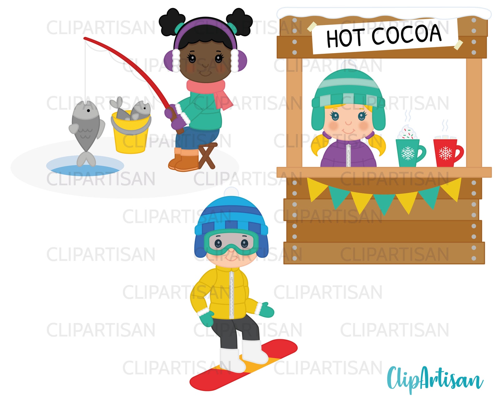 Winter Kids Clipart, Sledding Clipart, Snowboarding, Holiday Clipart ...