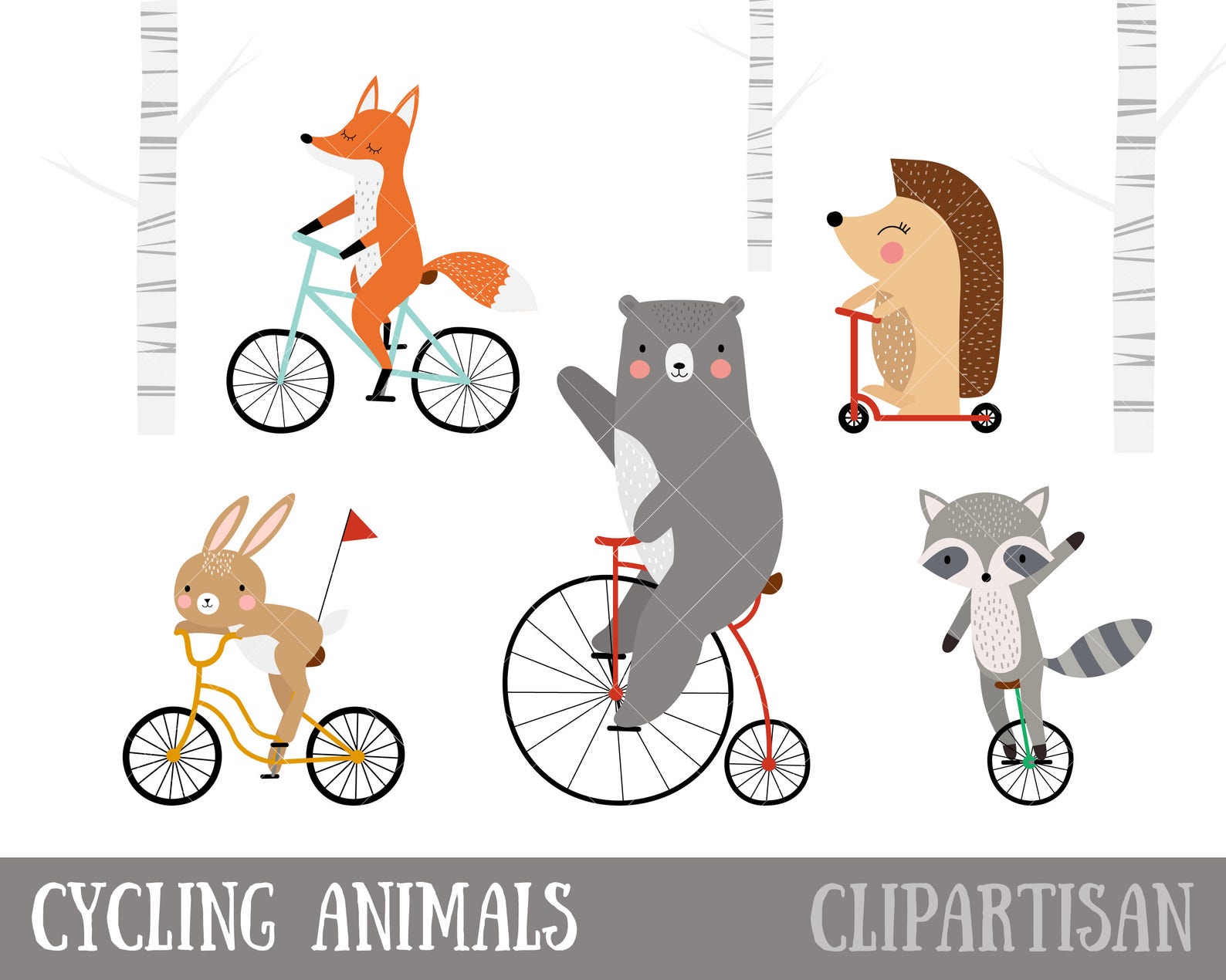 Cycling Animals Clipart Bear Riding a Bicycle Fox | Etsy