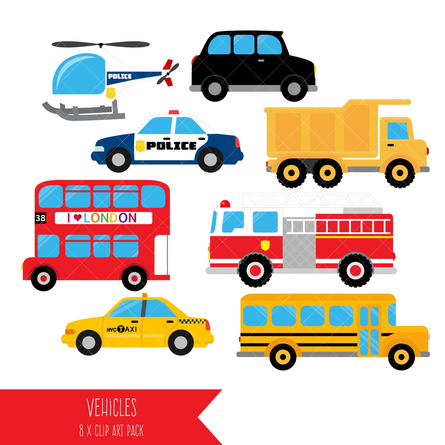 Transportation Clipart / Vehicles Clip Art / Taxi / Bus / Fire | Etsy