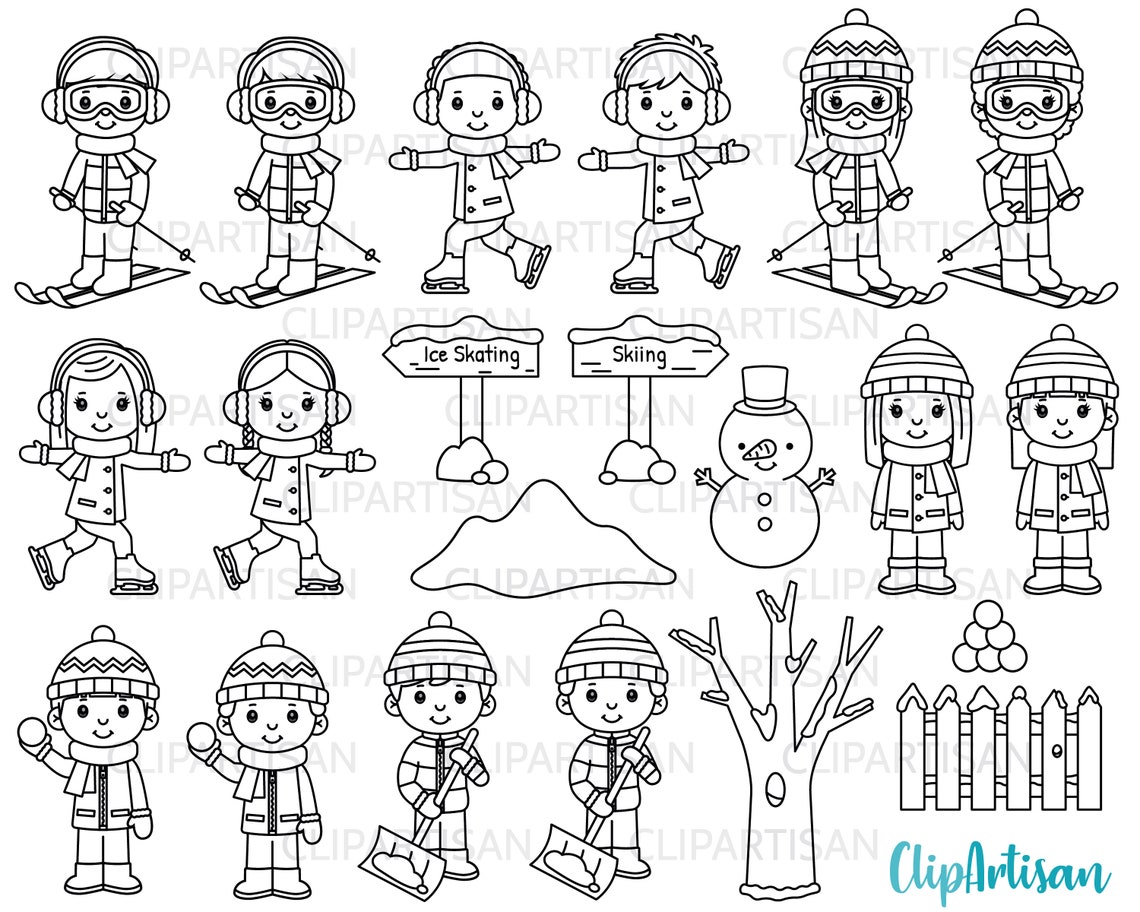 Winter Kids Digital Stamp, Snow Day, Christmas, Build a Snowman, Skiing ...