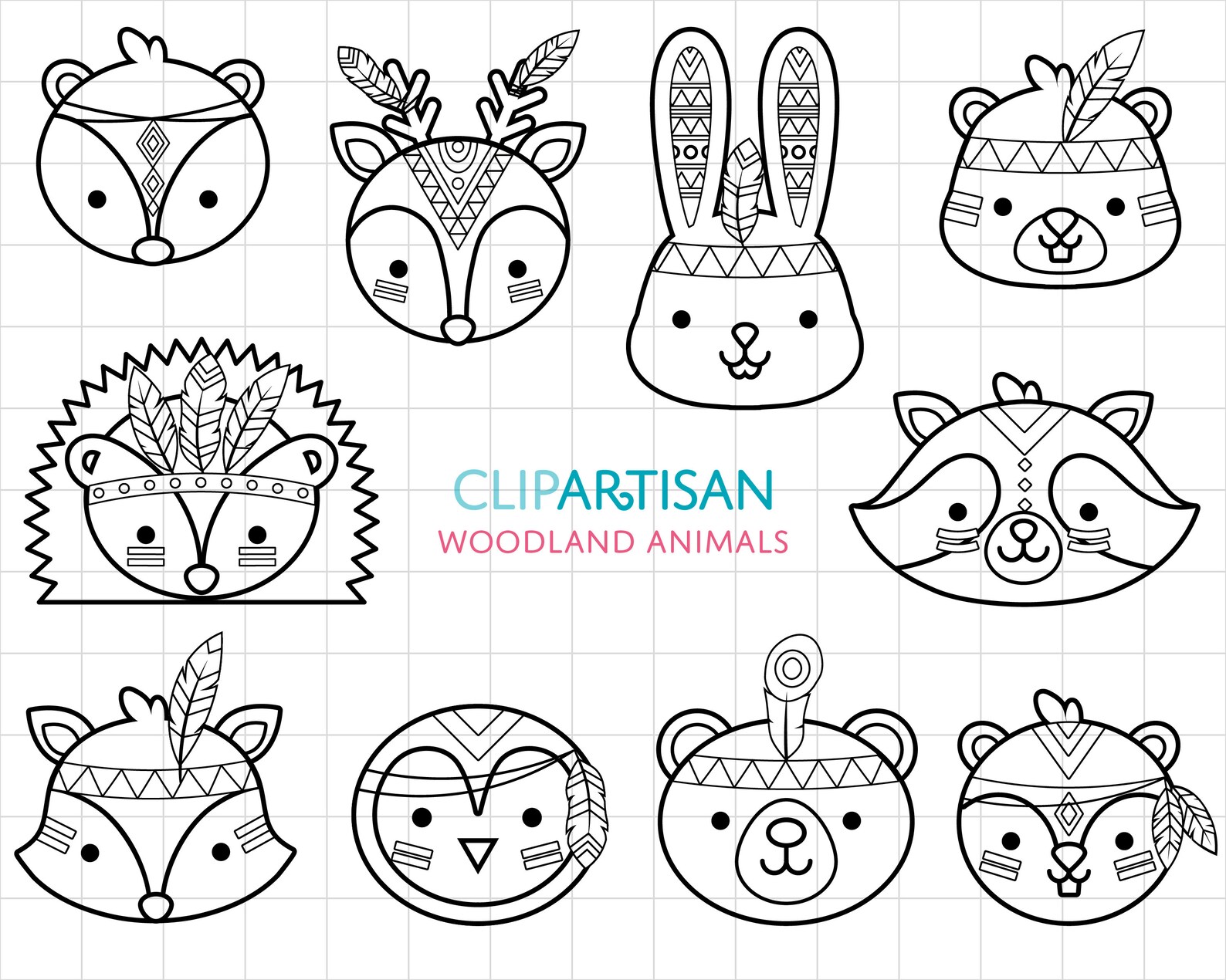 Tribal Animal Faces Digital Stamps Woodland Animal Faces - Etsy
