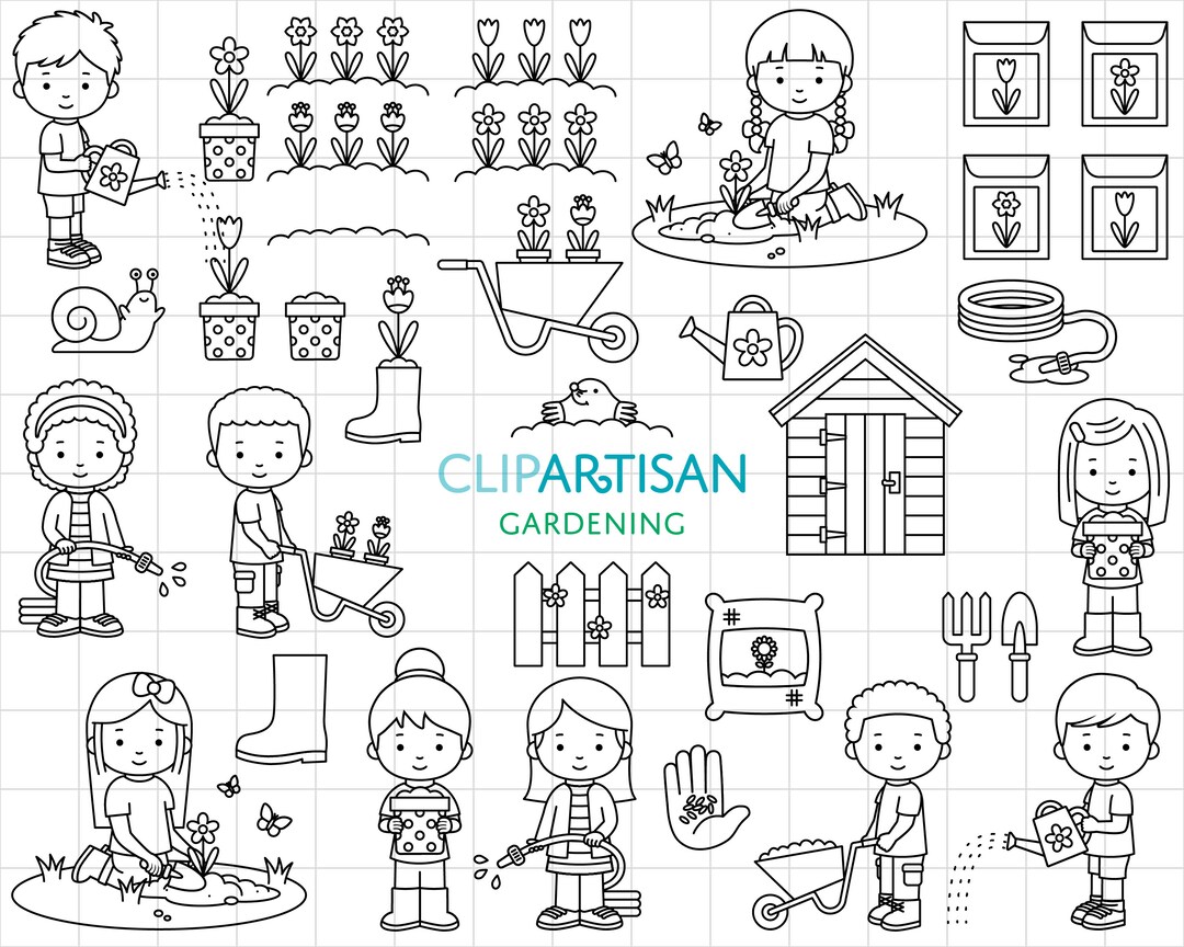 Gardening Clipart, Kids Gardening Digital Stamps, Girl and Boy Spring ...