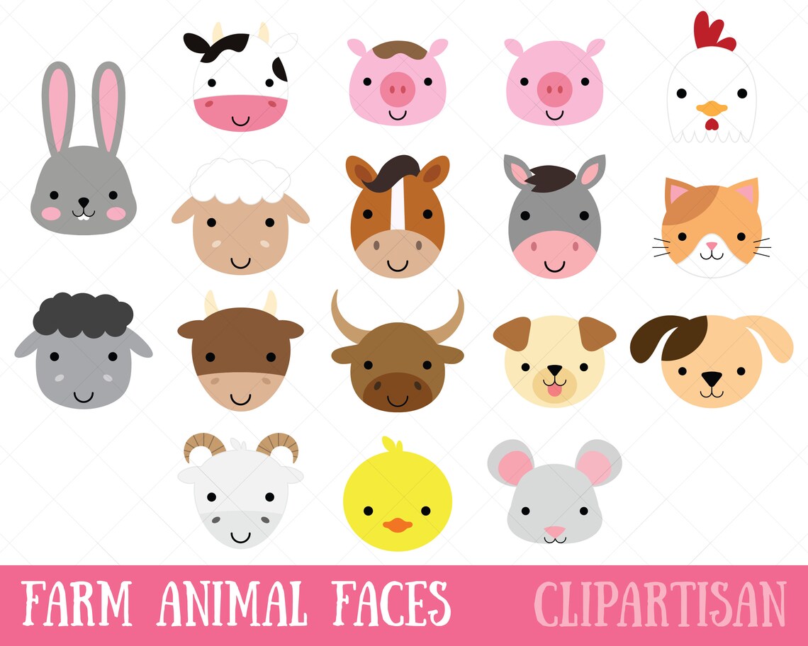 Farm Animal Faces Clipart Farmyard Animals Pig Cow | Etsy
