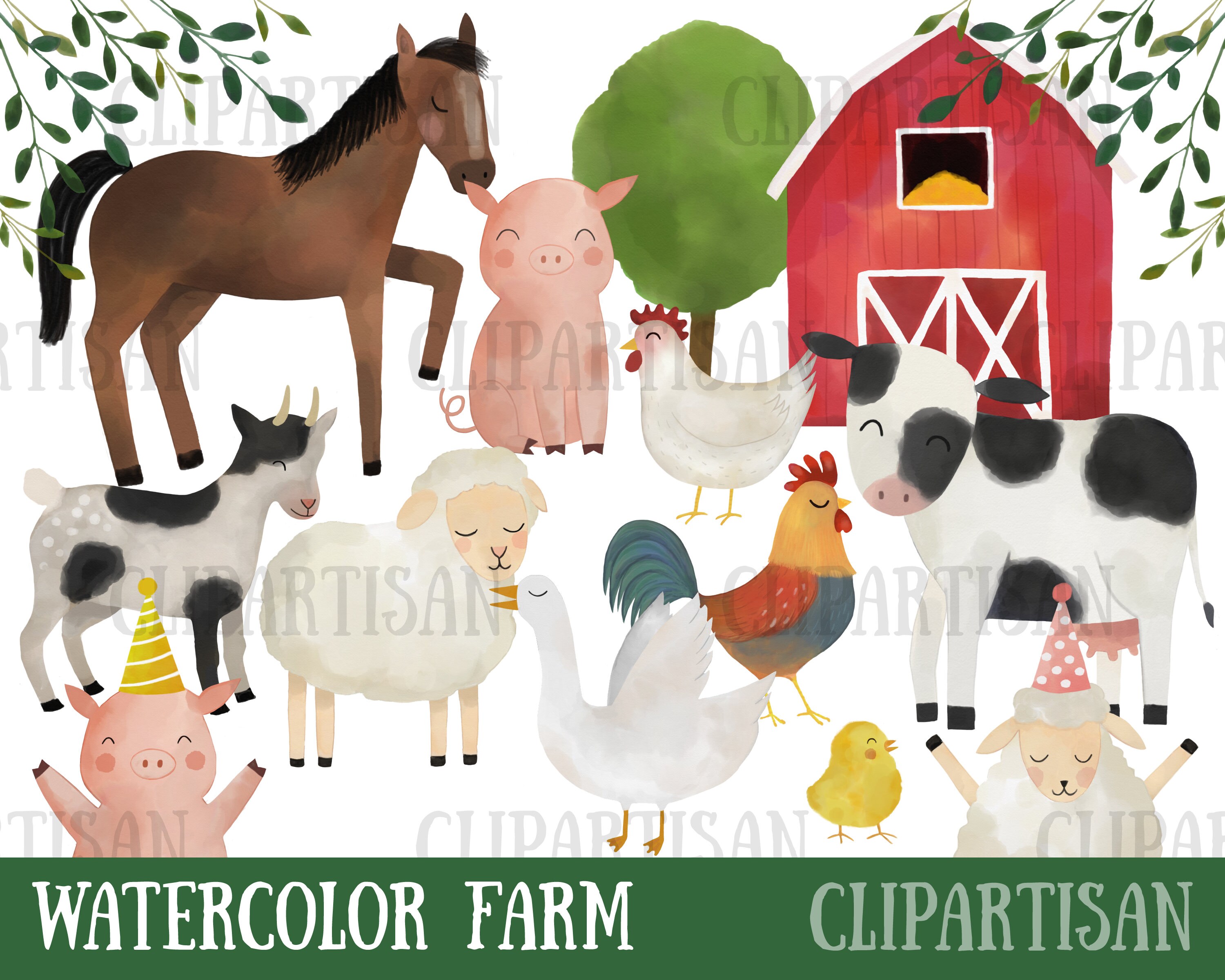 Watercolor Farm Animals Clipart Watercolor Horse Chicken | Etsy