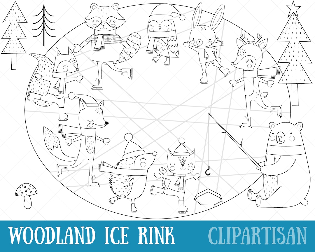 Woodland Animals Ice Skating Clip Art | Woodland Animals Line Art ...