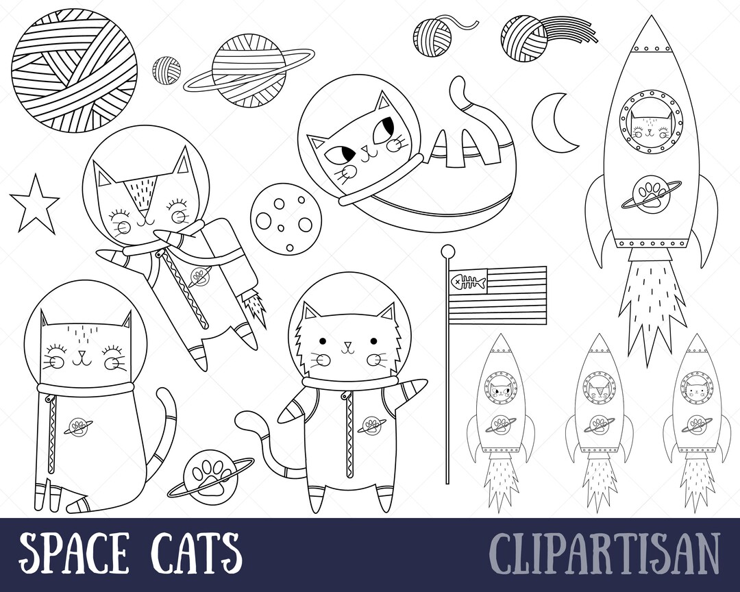 Space Cat Digital Stamps | Kitten Astronaut Digital Clip Art | Cate ...