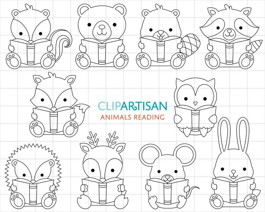 Animals Reading a Book Digital Stamps, Woodland Animals Clipart, Back ...