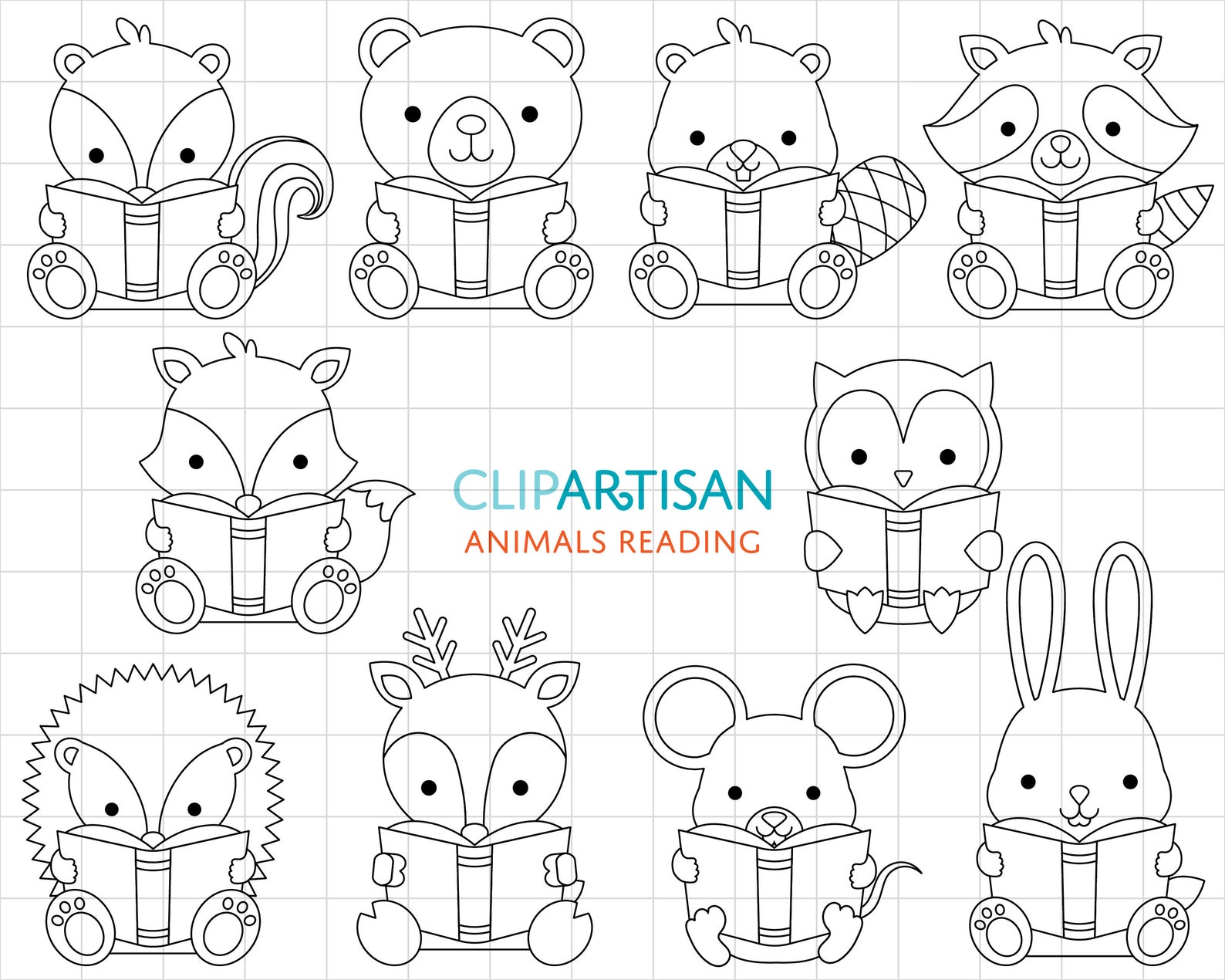 Animals Reading a Book Digital Stamps, Woodland Animals Clipart, Back ...