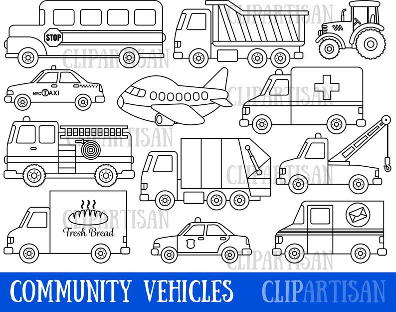 Community Transportation Digital Stamps Vehicles Line Art | Etsy