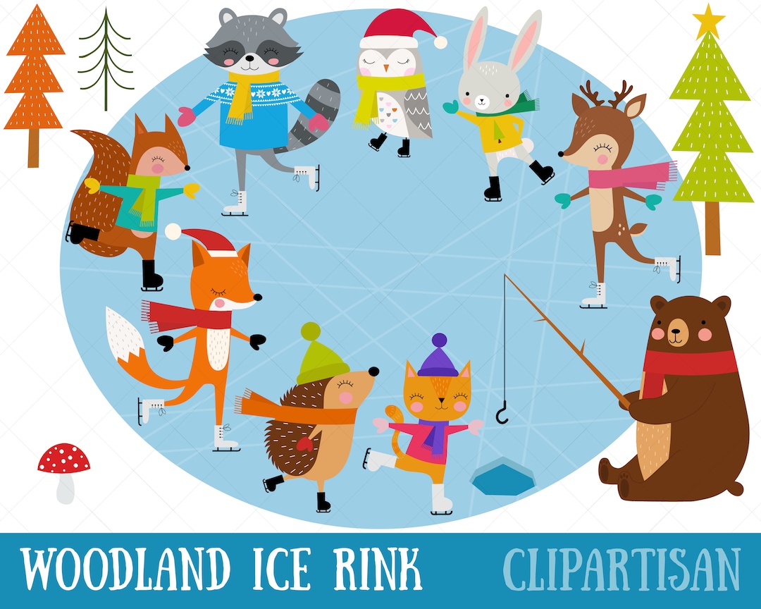 Woodland Animals Ice Skating Clip Art | Christmas Ice Rink Clip Art ...