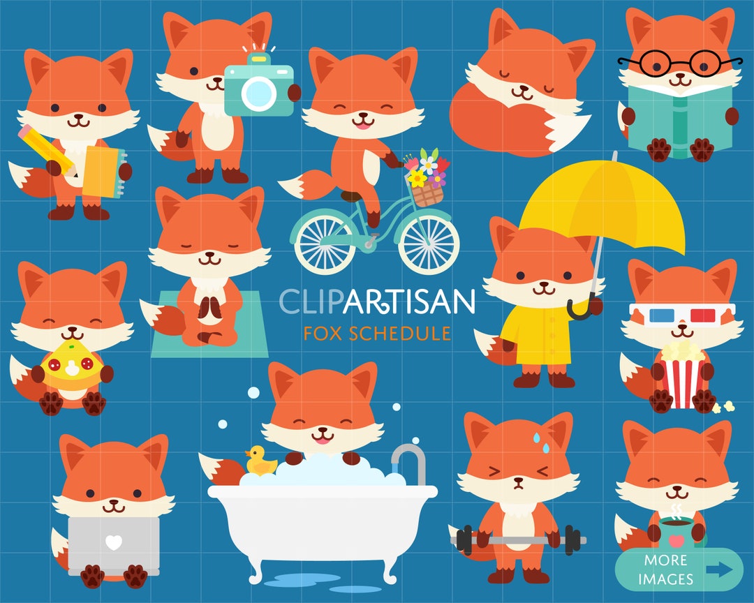 Kawaii Fox Clip Art, Cute Foxes Digital Stamps, Fall Fox, Yoga Fox ...