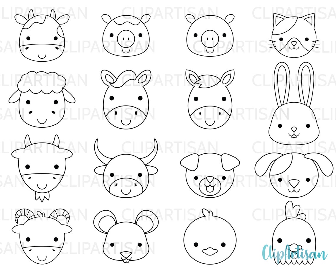 Farm Animal Faces Clipart Farmyard Animals Digital Stamps - Etsy