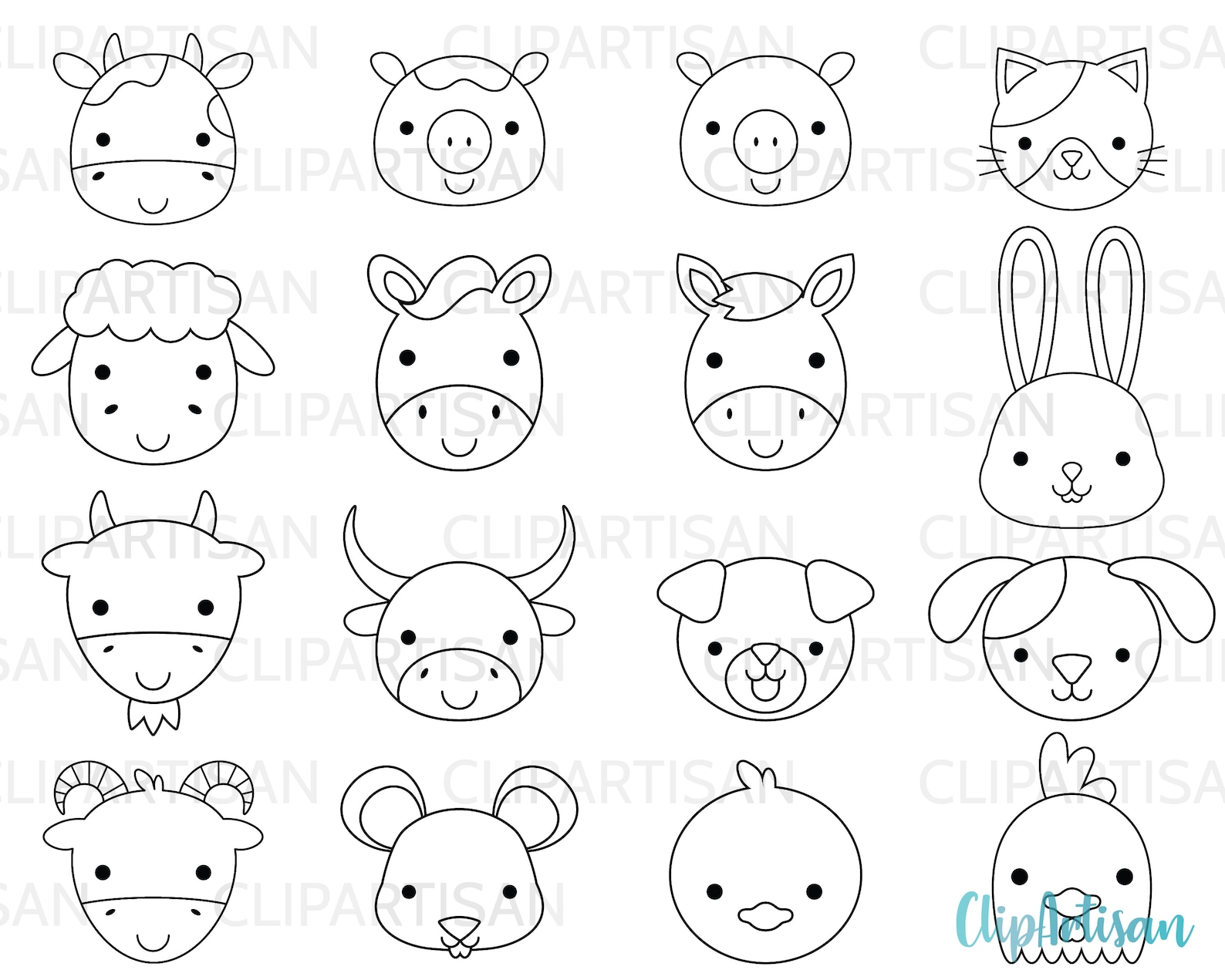Farm Animal Faces Clipart Farmyard Animals Digital Stamps - Etsy