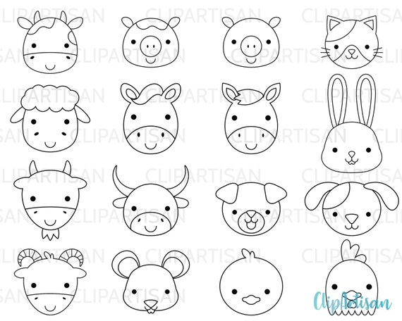 Farm Animal Faces Clipart Farmyard Animals Digital Stamps - Etsy