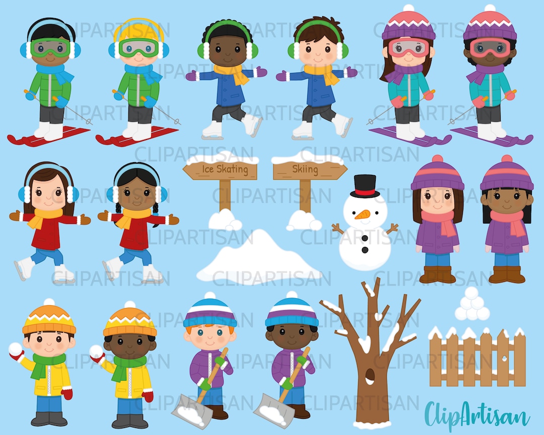 Winter Kids Clipart, Ice Skating Clipart, Skiing, Holiday Clipart ...