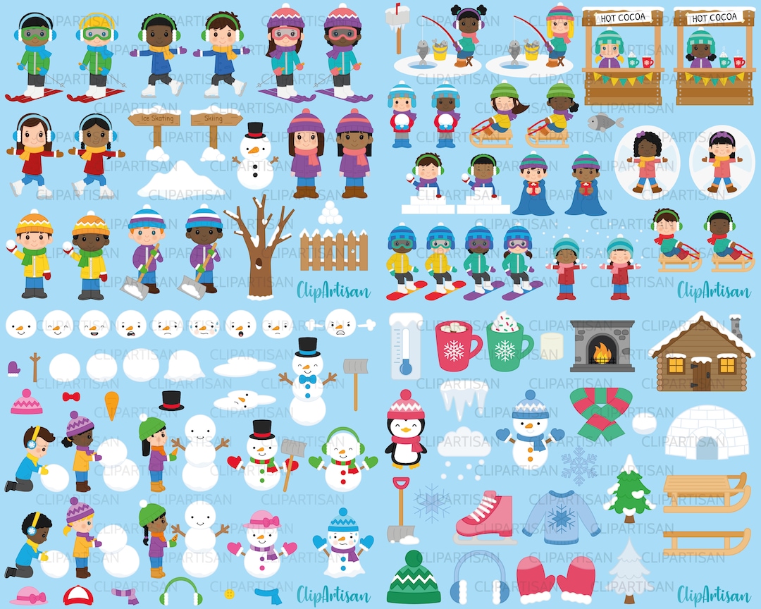 Winter Kids Clipart Bundle, Snow Day, Christmas, Build a Snowman ...