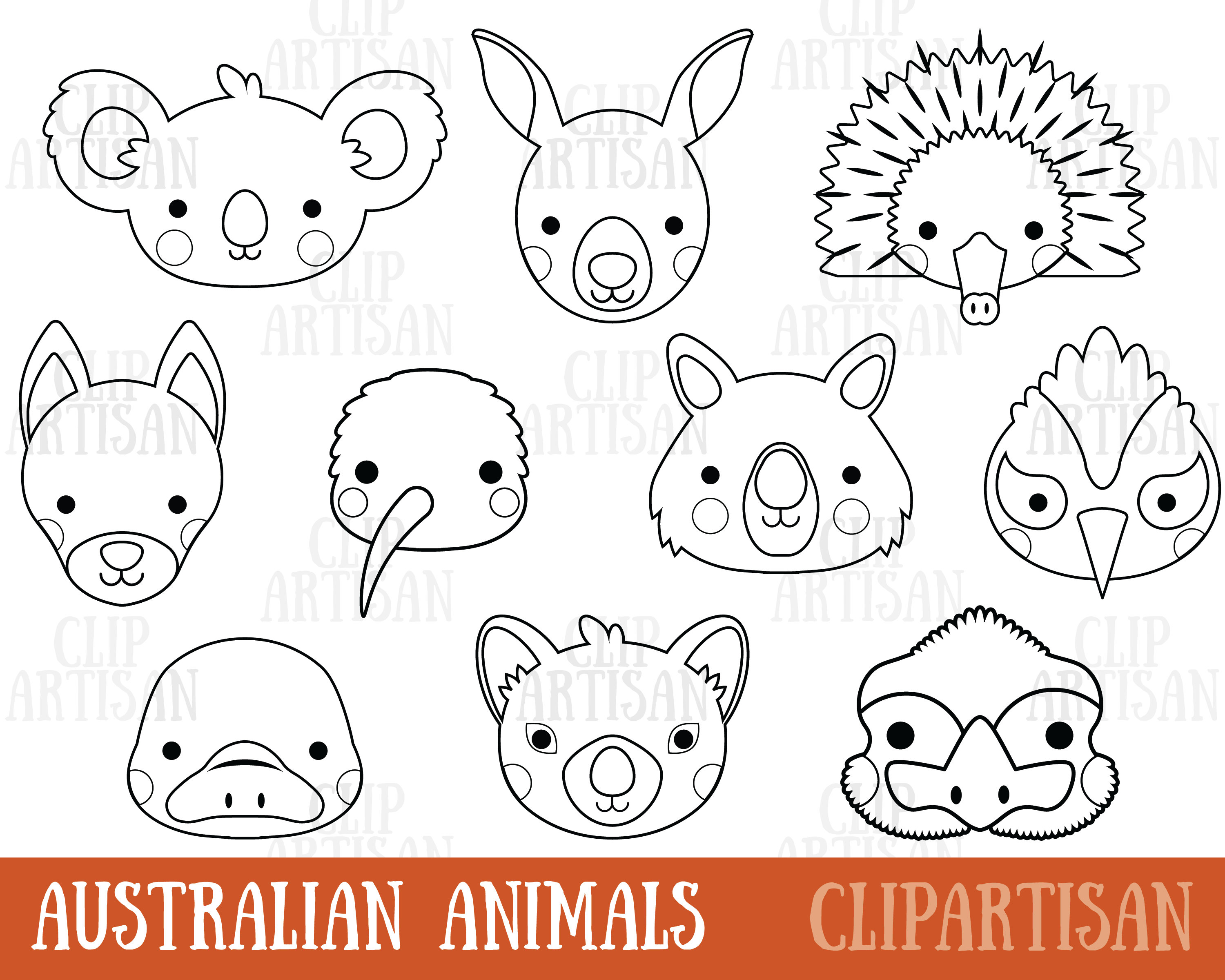Australian Animal Faces Digital Stamps, Koala, Kangaroo, Wombat, Adobe ...