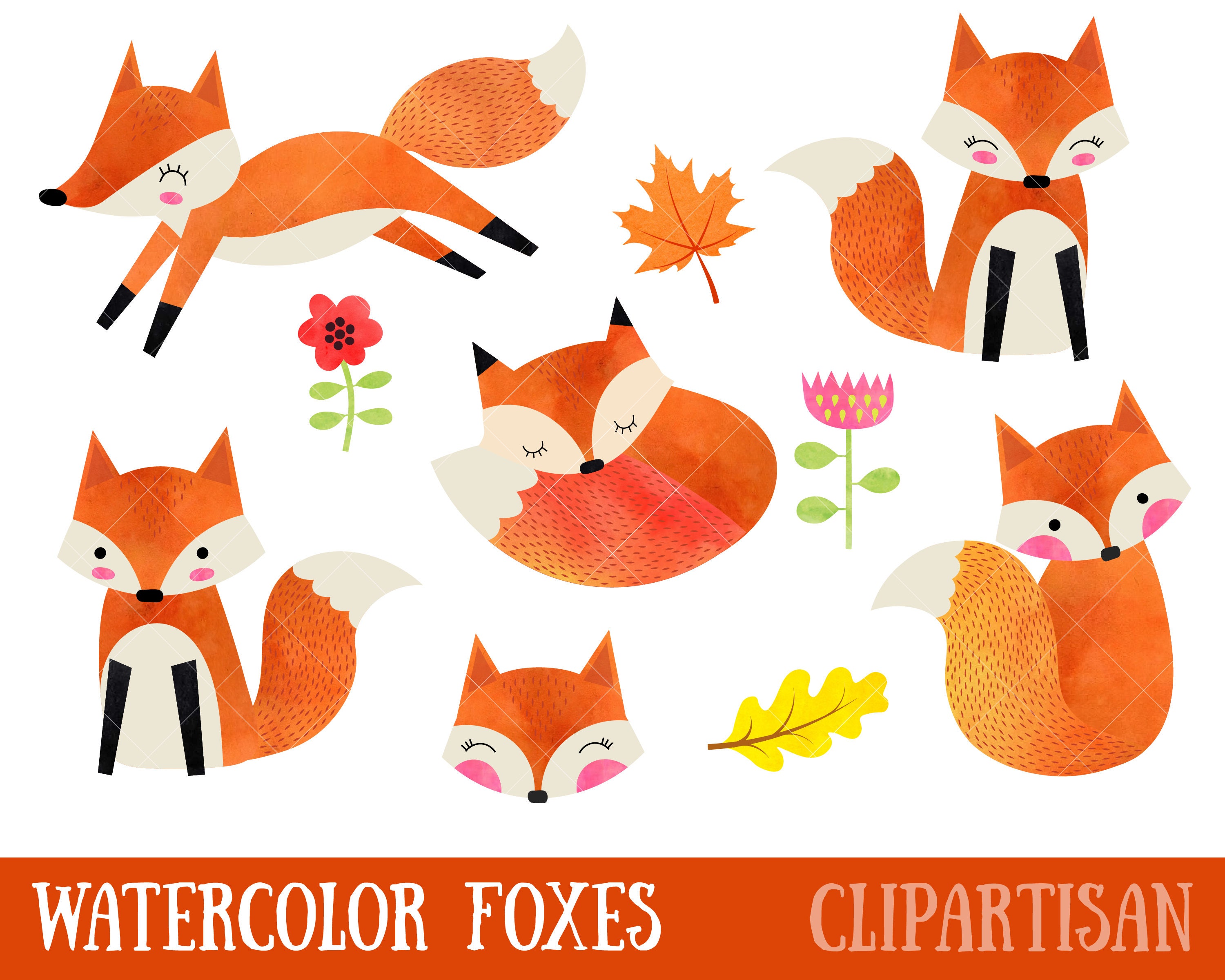 Watercolor Fox Clipart / Cute Foxes Clipart / Watercolor | Etsy