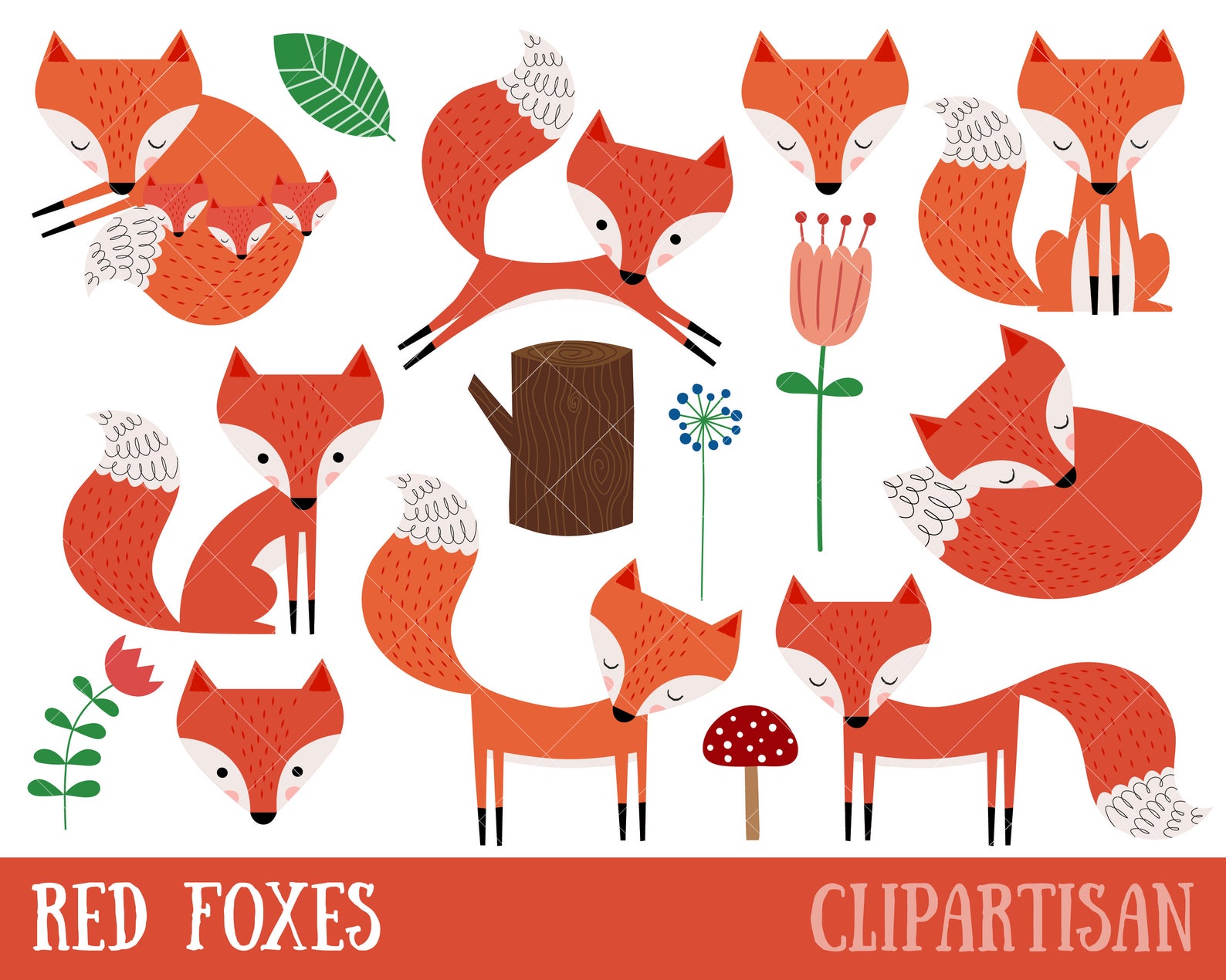 Fox Clipart Set Red Foxes Clip Art | Etsy