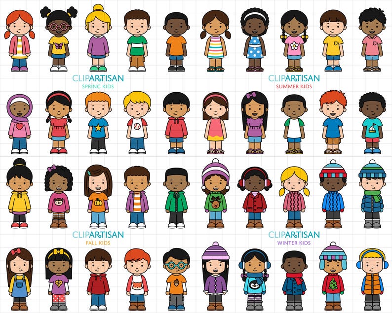 40 Kids Clipart, School Children Clipart, Cute Kids in Summer Clothes ...