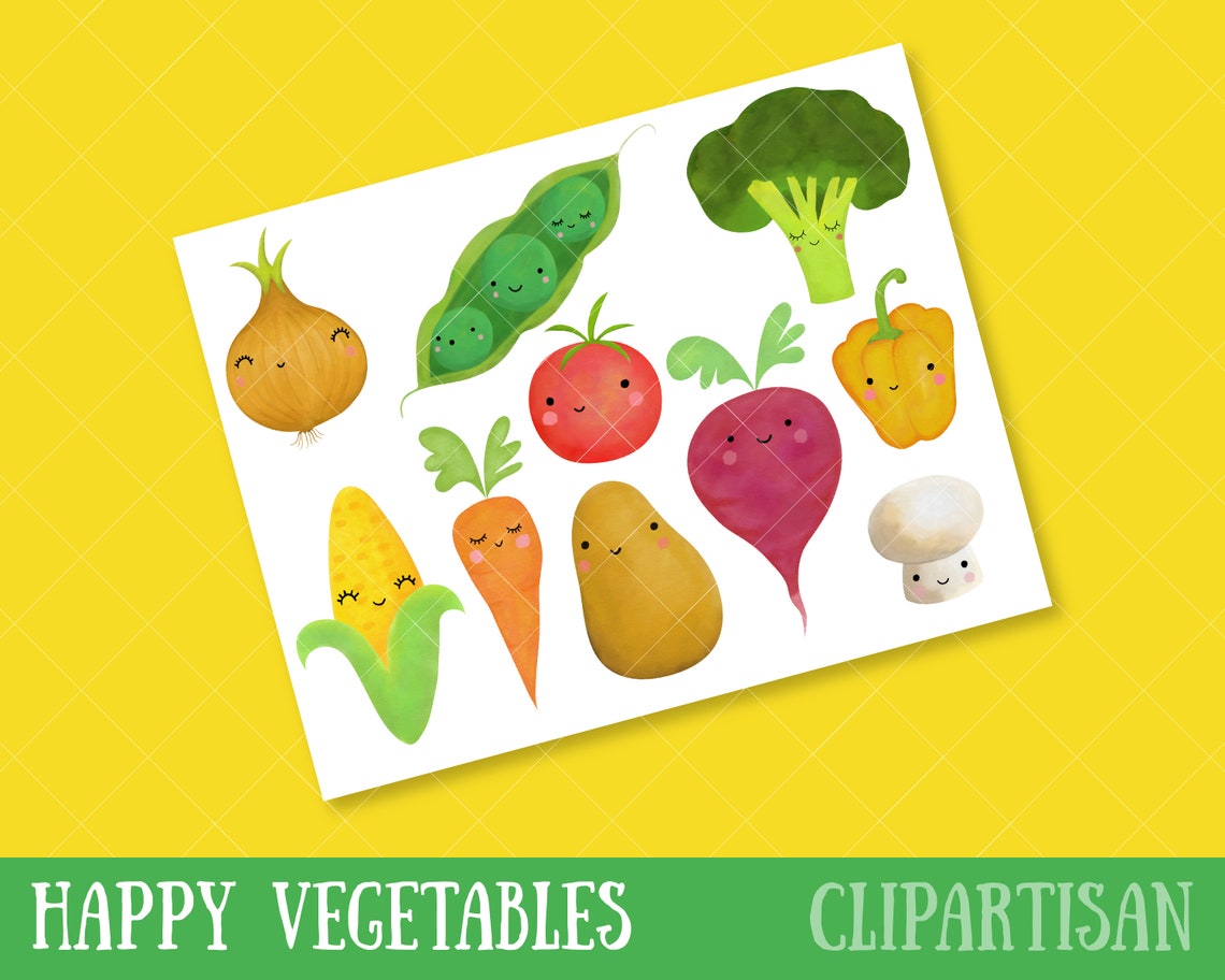 Happy Vegetables Watercolor Clipart Kawaii Clip Art Cute | Etsy