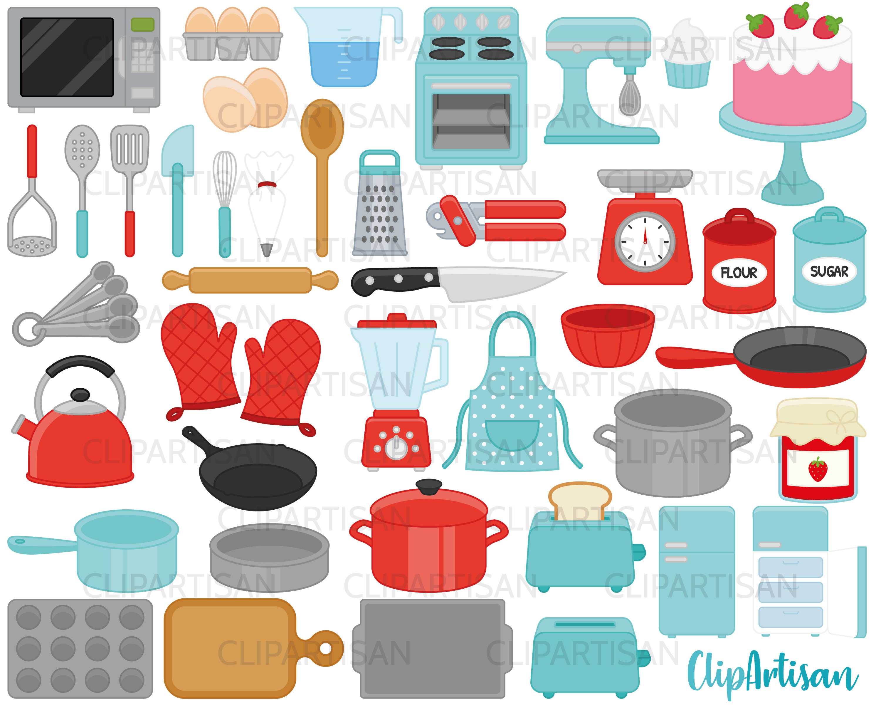 Kitchen Baking and Cooking Tools Clip Art Retro Red and Blue PNG ...