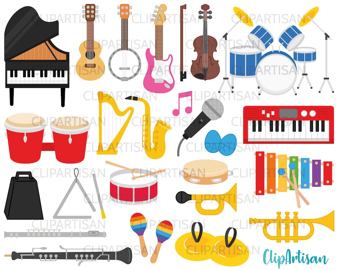 Musical Instruments Clip Art, Guitar, Violin, Drums, Xylophone, Brass ...