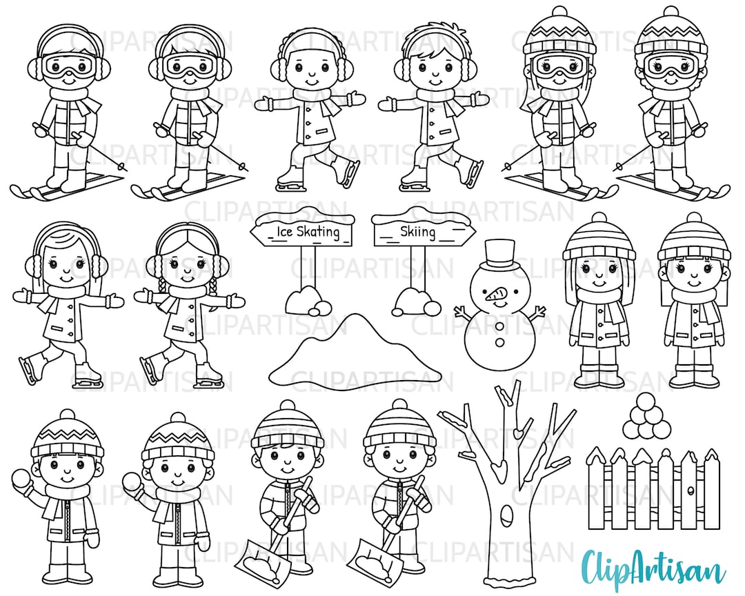 Winter Kids Digital Stamp, Ice Skating Clipart, Skiing, Holiday Clipart ...