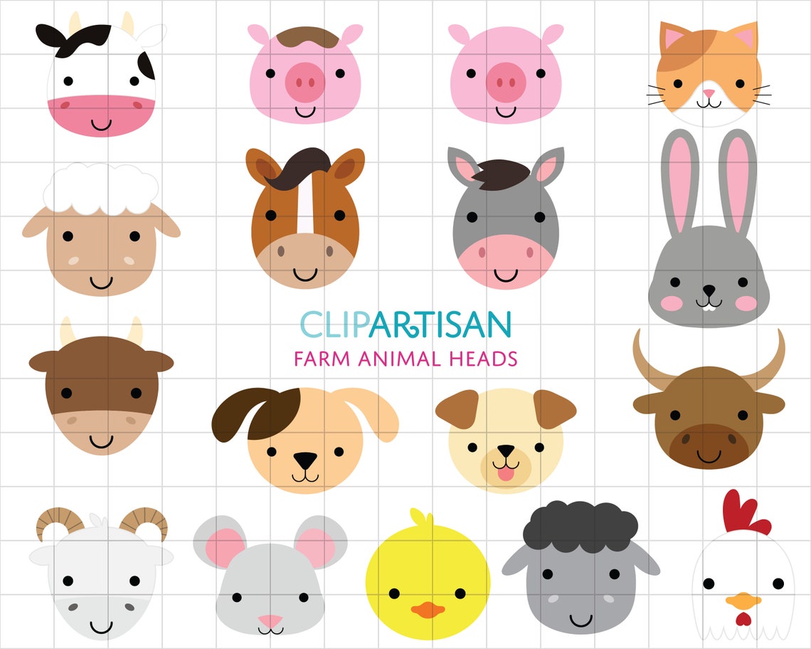 Farm Animal Faces Clipart Farmyard Animals Pig Cow - Etsy