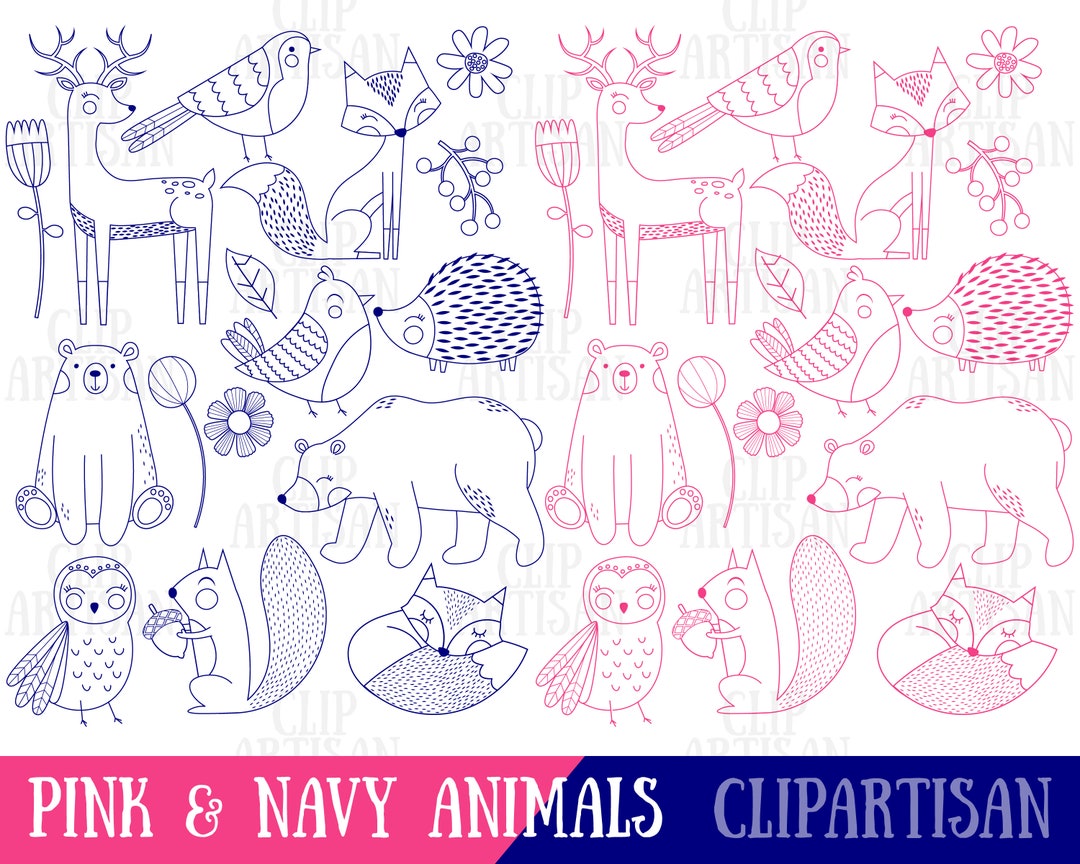 Woodland Animals Clipart Digital Stamps | Navy and Pink Line Art ...