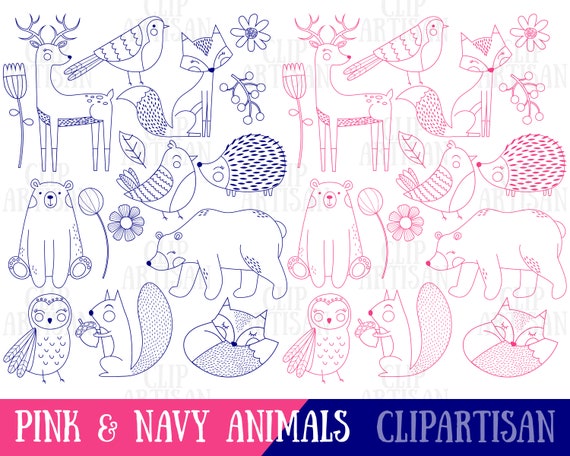 Woodland Animals Clipart Digital Stamps Navy and Pink Line | Etsy UK