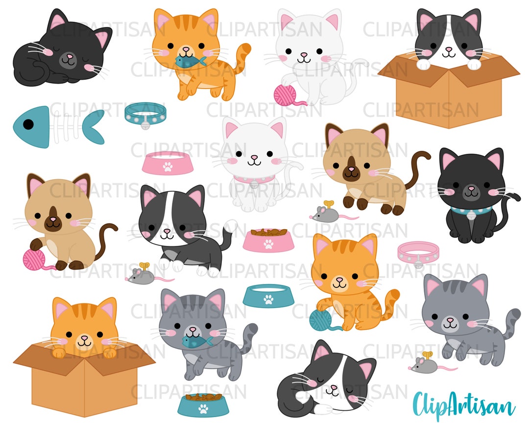 Kittens Clipart Cute Kitty Cats Kitties Pets Graphics PNG JPEG Instant ...