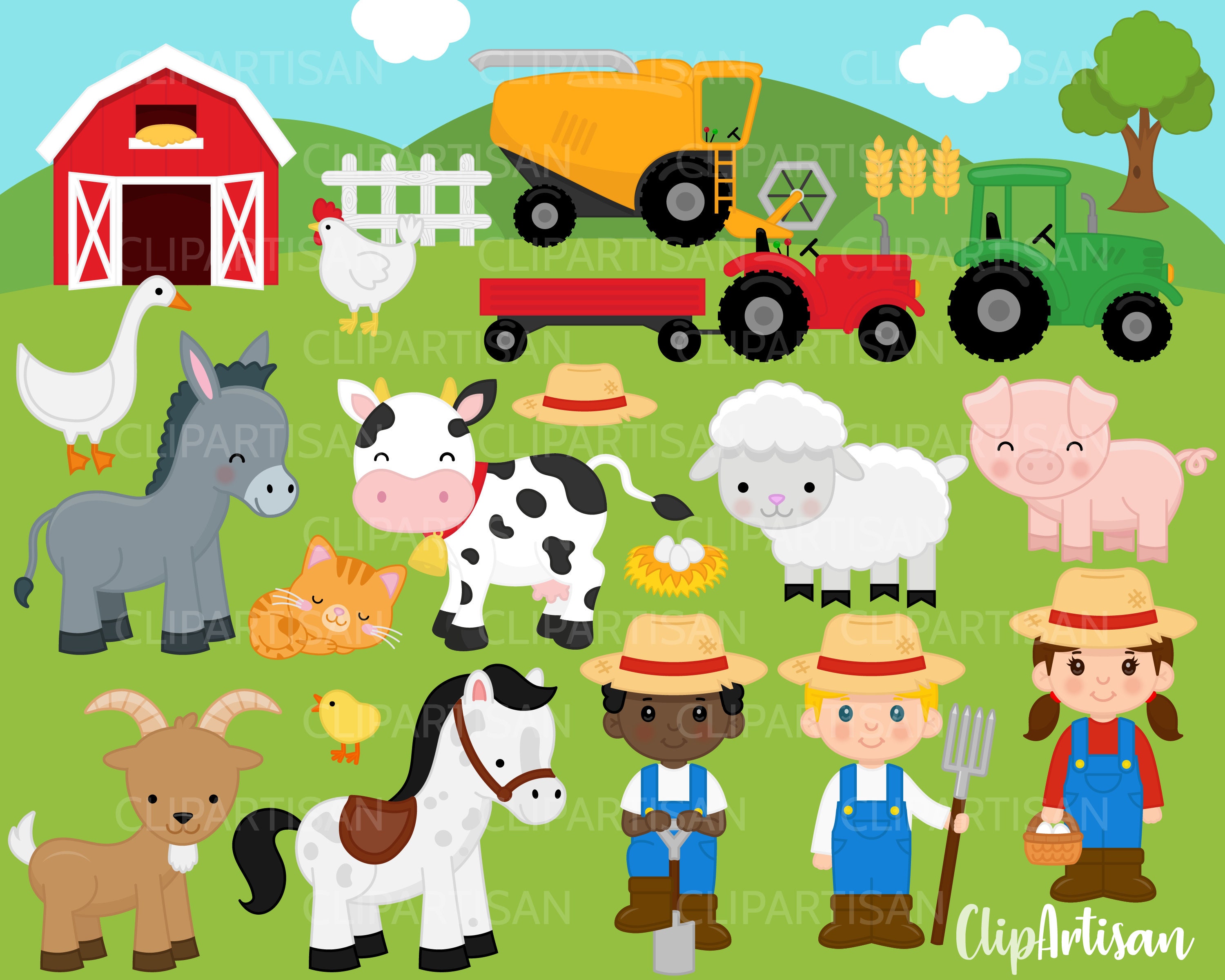 Farm Animals Clipart Farmer Horse Tractor Donkey Goat - Etsy UK