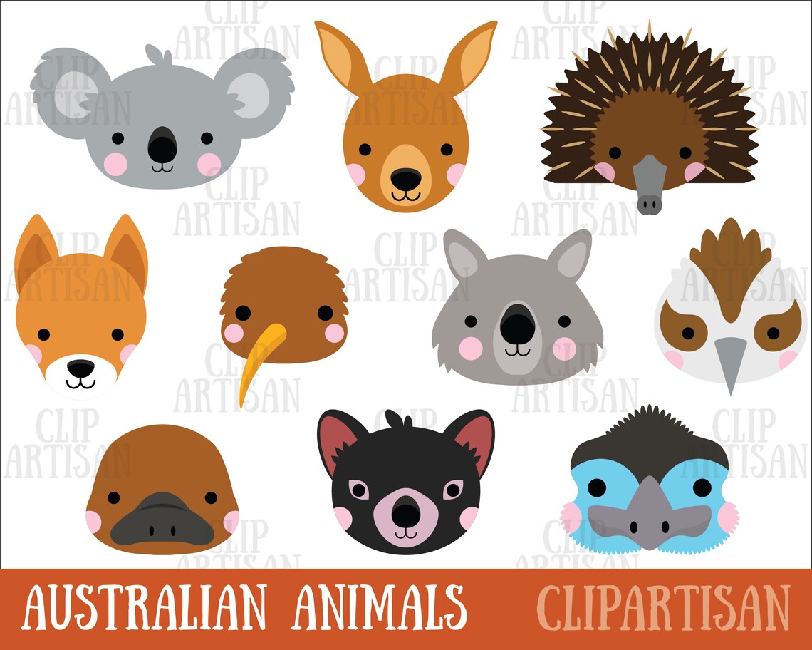 Australian Animal Faces Clipart, Koala, Kangaroo, Wombat, Party Photo ...