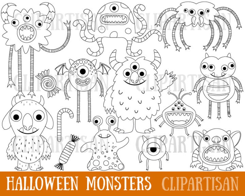Monsters Digital Stamps Watercolor Halloween Graphics Trick | Etsy
