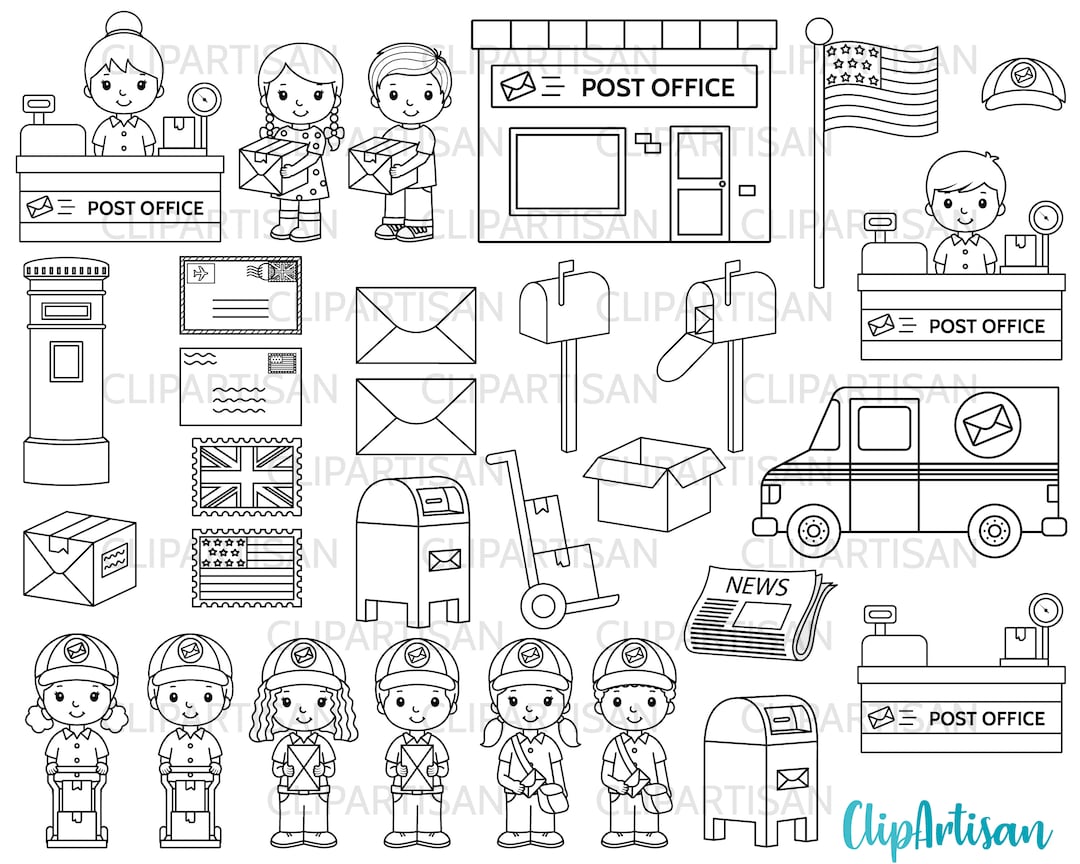 Post Office Clip Art, Digital Stamps, Mail Carrier, Mail Truck, Package ...