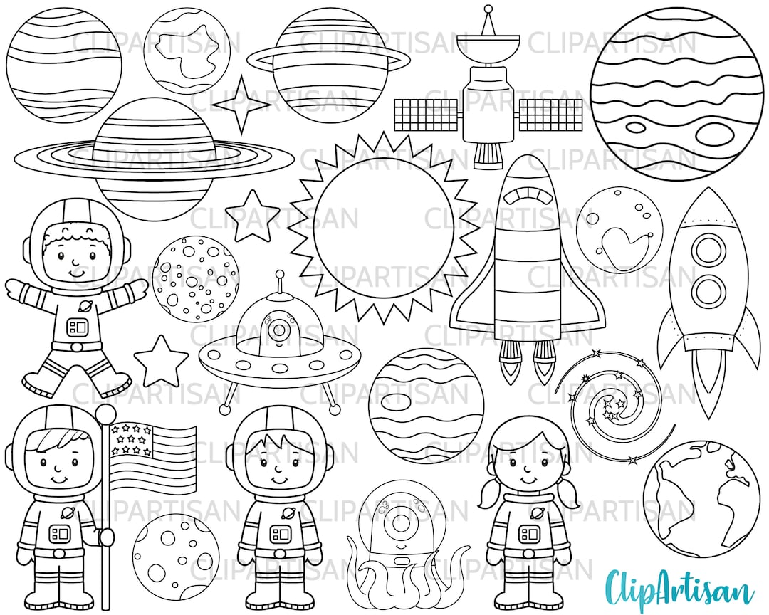 Space Digital Stamps, Astronauts Clip Art, Aliens, Planets, Rocket ...
