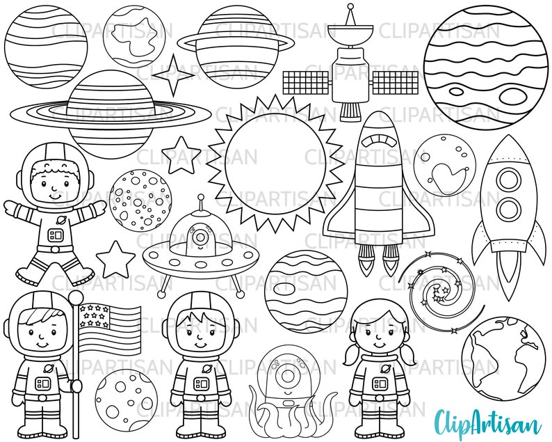 Space Digital Stamps, Astronauts Clip Art, Aliens, Planets, Rocket ...