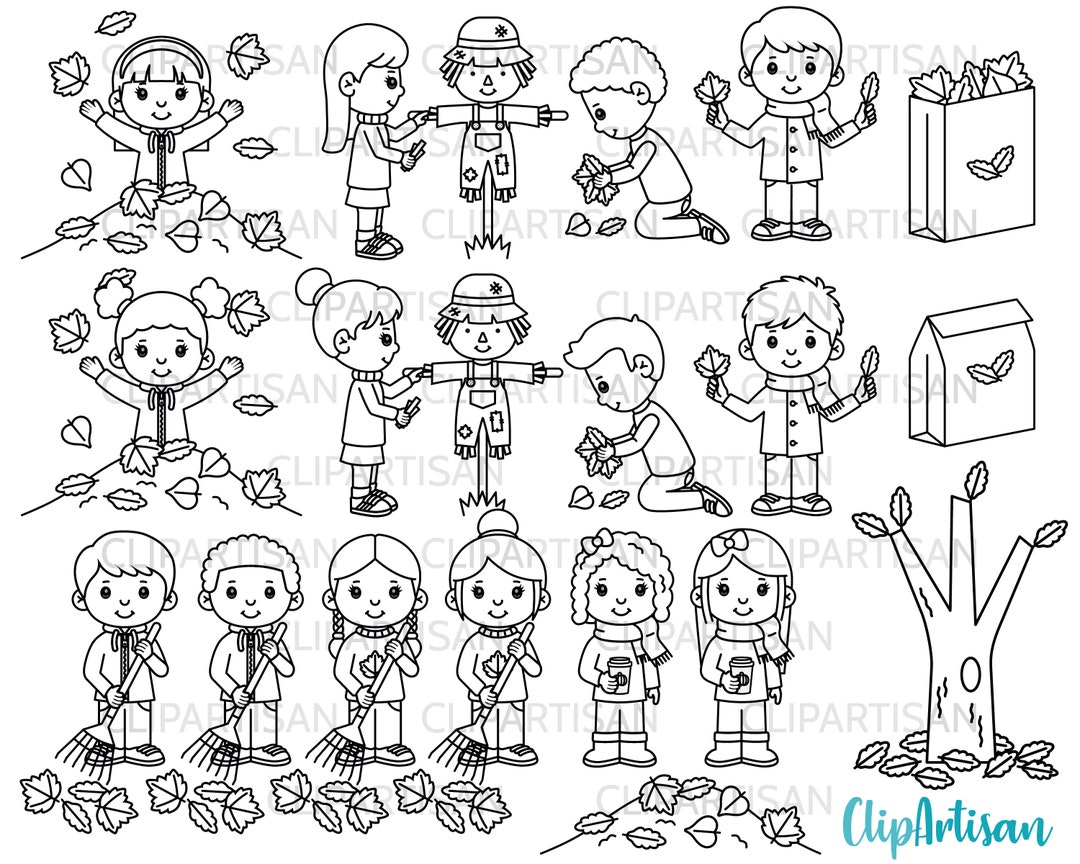 Fall Kids Digital Stamp, Autumn Kids in Leaves Clip Art, PNG SVG ...