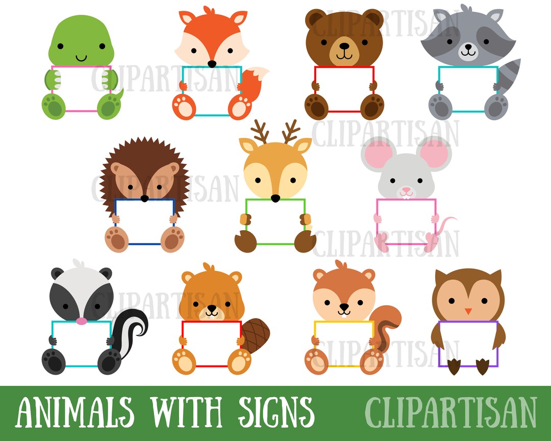 Animals Holding Blank Signs Clip Art, Animal Notes, Cupcake Toppers - Etsy