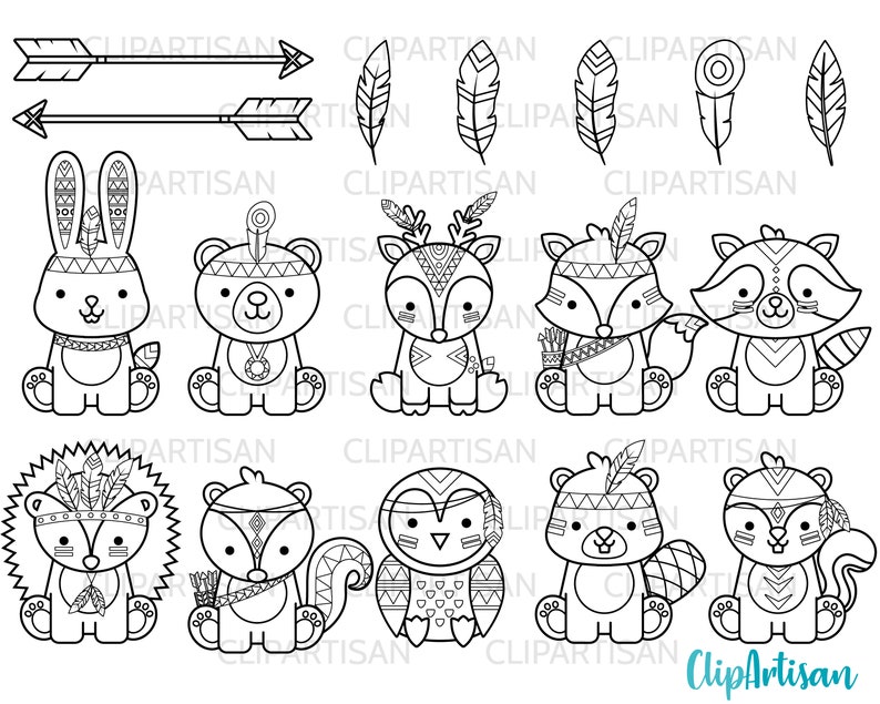 Tribal Animals Digital Stamps Cute Woodland Animals Clip Art | Etsy