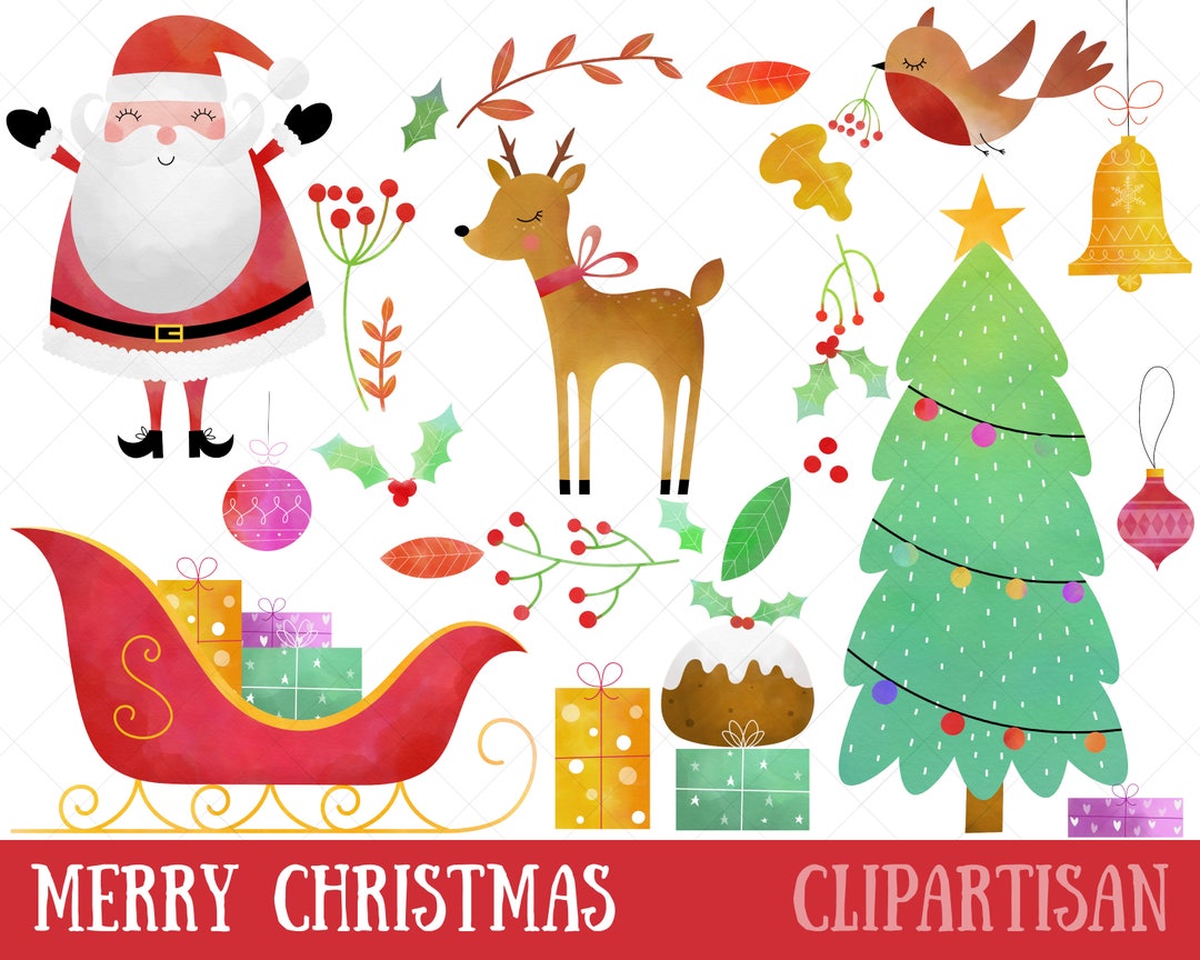 Watercolor Christmas Clipart | Reindeer | Santa | Sleigh | Christmas ...